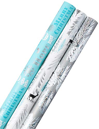 Hallmark Christmas Wrapping Paper Bundle with Cutlines on Reverse (3 Rolls: 80 sq. ft. ttl) Teal and Silver, Elegant Woodland with Deer, Holographic Pinecones