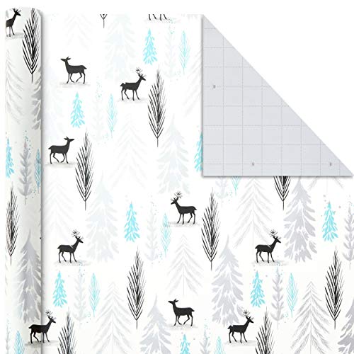 Hallmark Christmas Wrapping Paper Bundle with Cutlines on Reverse (3 Rolls: 80 sq. ft. ttl) Teal and Silver, Elegant Woodland with Deer, Holographic Pinecones