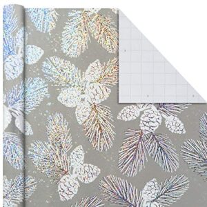 Hallmark Christmas Wrapping Paper Bundle with Cutlines on Reverse (3 Rolls: 80 sq. ft. ttl) Teal and Silver, Elegant Woodland with Deer, Holographic Pinecones