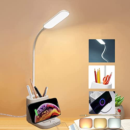 Small Desk Lamp with Wireless Charger, Desk Lights for Home Office - LED, White,Brightness Adjustment, 3 Color Modes,500LM, Study Lamp with Pen Holder， Desktop Study Desk Lamp for College Dorm Room