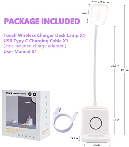 Small Desk Lamp with Wireless Charger, Desk Lights for Home Office - LED, White,Brightness Adjustment, 3 Color Modes,500LM, Study Lamp with Pen Holder， Desktop Study Desk Lamp for College Dorm Room