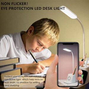 Small Desk Lamp with Wireless Charger, Desk Lights for Home Office - LED, White,Brightness Adjustment, 3 Color Modes,500LM, Study Lamp with Pen Holder， Desktop Study Desk Lamp for College Dorm Room