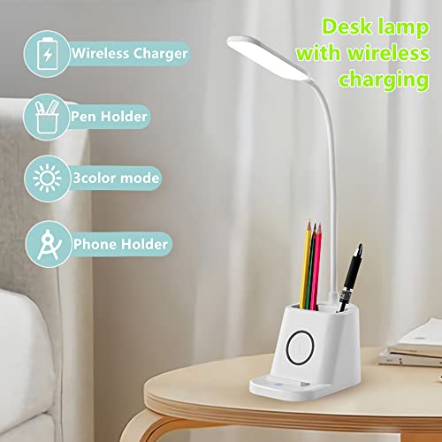 Small Desk Lamp with Wireless Charger, Desk Lights for Home Office - LED, White,Brightness Adjustment, 3 Color Modes,500LM, Study Lamp with Pen Holder， Desktop Study Desk Lamp for College Dorm Room