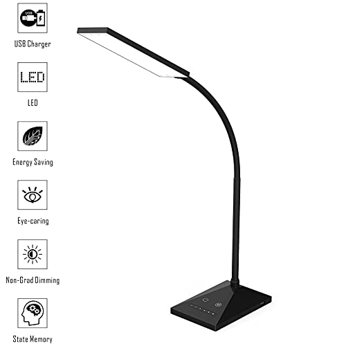 RAOYI LED Desk Lamp, 12W Dimmable Table Lamp Eye-Caring Reading Light with USB Charging Port, Touch Control, 5 Lighting Modes and 7-Level Brightness for Home Office Bedrooms (Black)