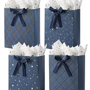 KomoLeay 4 Pack 9" Medium Size Gift Bags Assorted Premium Blue Gift Bags with Tissue Paper Use for Birthdays, Baby Shower,weddings,Party Favor, Holiday Presents-7" X 4" X 9"