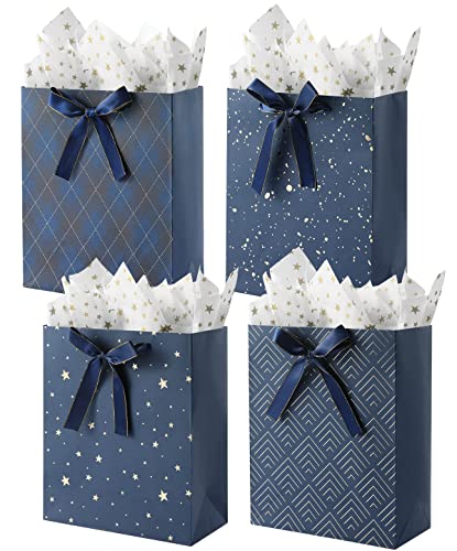 KomoLeay 4 Pack 9" Medium Size Gift Bags Assorted Premium Blue Gift Bags with Tissue Paper Use for Birthdays, Baby Shower,weddings,Party Favor, Holiday Presents-7" X 4" X 9"