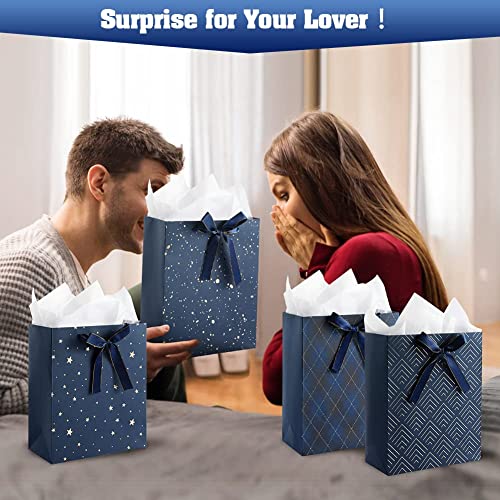 KomoLeay 4 Pack 9" Medium Size Gift Bags Assorted Premium Blue Gift Bags with Tissue Paper Use for Birthdays, Baby Shower,weddings,Party Favor, Holiday Presents-7" X 4" X 9"