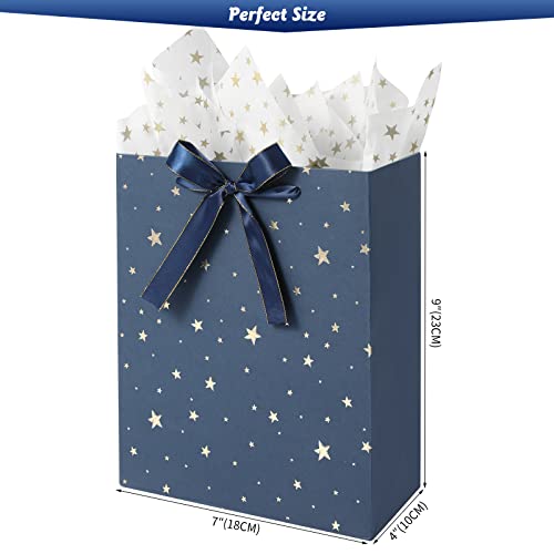 KomoLeay 4 Pack 9" Medium Size Gift Bags Assorted Premium Blue Gift Bags with Tissue Paper Use for Birthdays, Baby Shower,weddings,Party Favor, Holiday Presents-7" X 4" X 9"