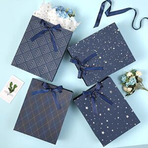 KomoLeay 4 Pack 9" Medium Size Gift Bags Assorted Premium Blue Gift Bags with Tissue Paper Use for Birthdays, Baby Shower,weddings,Party Favor, Holiday Presents-7" X 4" X 9"