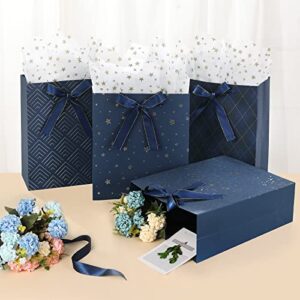 KomoLeay 4 Pack 9" Medium Size Gift Bags Assorted Premium Blue Gift Bags with Tissue Paper Use for Birthdays, Baby Shower,weddings,Party Favor, Holiday Presents-7" X 4" X 9"