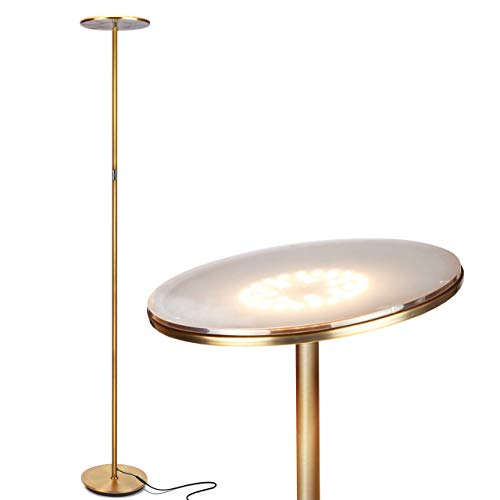 Brightech Sky Flux Dimmable LED Floor Lamp – Super Bright Floor Lamp for Living Room and Offices – Torchiere Standing Lamp with 3 Light Options, Tall Lamp for Bedroom Reading and More - Brass