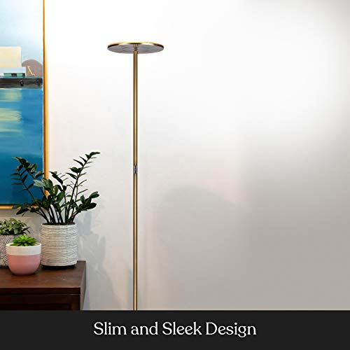 Brightech Sky Flux Dimmable LED Floor Lamp – Super Bright Floor Lamp for Living Room and Offices – Torchiere Standing Lamp with 3 Light Options, Tall Lamp for Bedroom Reading and More - Brass