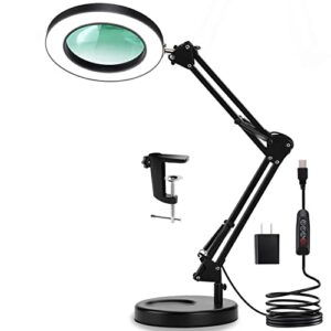 10x veemagni 2-in-1 magnifying glass with light and stand, 3 color modes stepless dimmable, real glass desk lamp & clamp, led lighted magnifier with light for reading crafts repair close works