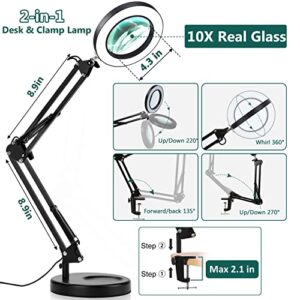 10X Veemagni 2-in-1 Magnifying Glass with Light and Stand, 3 Color Modes Stepless Dimmable, Real Glass Desk Lamp & Clamp, LED Lighted Magnifier with Light for Reading Crafts Repair Close Works