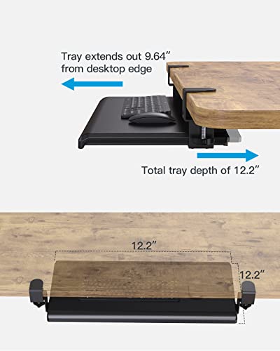 HUANUO Keyboard Tray Under Desk, Ergonomic Large Keyboard Tray with C Clamp, Updated Metal Slide Rail Keyboard Tray Mouse Tray, Pull Out Platform Computer Drawer for Typing, 27.5" W x 12.2" D, Black