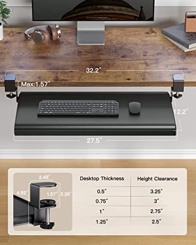 HUANUO Keyboard Tray Under Desk, Ergonomic Large Keyboard Tray with C Clamp, Updated Metal Slide Rail Keyboard Tray Mouse Tray, Pull Out Platform Computer Drawer for Typing, 27.5" W x 12.2" D, Black