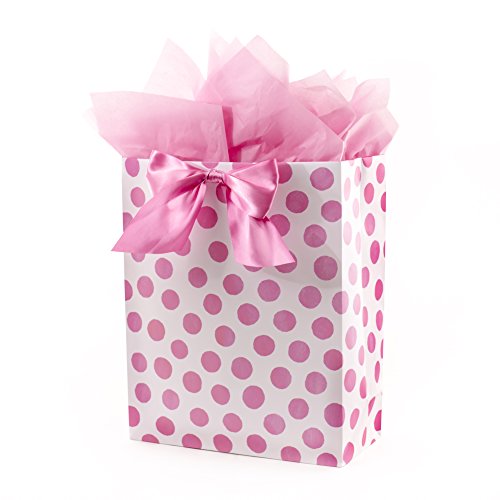 Hallmark 15" Extra Large Gift Bag with Tissue Paper (Pink Polka Dots and Bow) for Birthdays, Easter, Baby Showers, Bridal Showers, Any Occasion