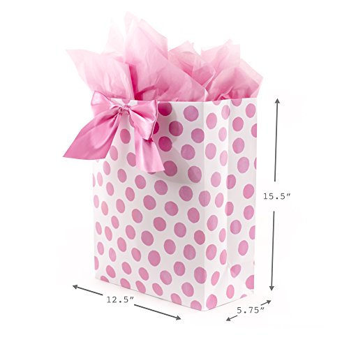 Hallmark 15" Extra Large Gift Bag with Tissue Paper (Pink Polka Dots and Bow) for Birthdays, Easter, Baby Showers, Bridal Showers, Any Occasion