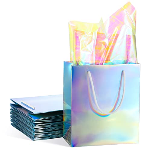 12 Pcs Holographic Silver Gift Bags Iridescent Party Bags with Handles and 20 Pcs Rainbow Glossy Clear Film Cellophane Sheets Reflective Wrapping Paper for Party Supplies