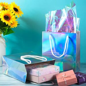 12 Pcs Holographic Silver Gift Bags Iridescent Party Bags with Handles and 20 Pcs Rainbow Glossy Clear Film Cellophane Sheets Reflective Wrapping Paper for Party Supplies