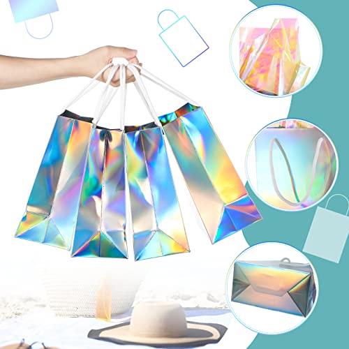 12 Pcs Holographic Silver Gift Bags Iridescent Party Bags with Handles and 20 Pcs Rainbow Glossy Clear Film Cellophane Sheets Reflective Wrapping Paper for Party Supplies