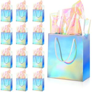 12 Pcs Holographic Silver Gift Bags Iridescent Party Bags with Handles and 20 Pcs Rainbow Glossy Clear Film Cellophane Sheets Reflective Wrapping Paper for Party Supplies