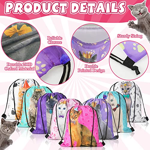 16 Pcs Cat Party Favor Bags Cat Drawstring Bags Backpack Cat Drawstring Sport Gym Sack Cartoon Animal Drawstring Candy Goodies Treat Bags for Kids Birthday As Loot Gift