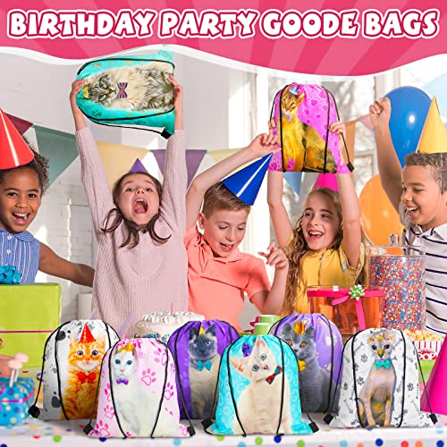 16 Pcs Cat Party Favor Bags Cat Drawstring Bags Backpack Cat Drawstring Sport Gym Sack Cartoon Animal Drawstring Candy Goodies Treat Bags for Kids Birthday As Loot Gift