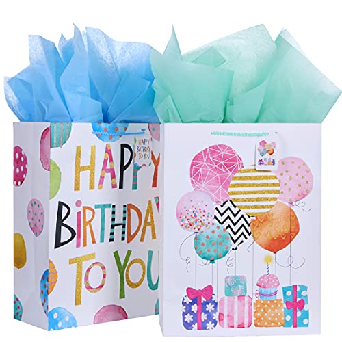 SUNCOLOR 16.5" Extra Large Gift Bags for Birthday Party with Tissue Paper(2 Pack, Balloon)