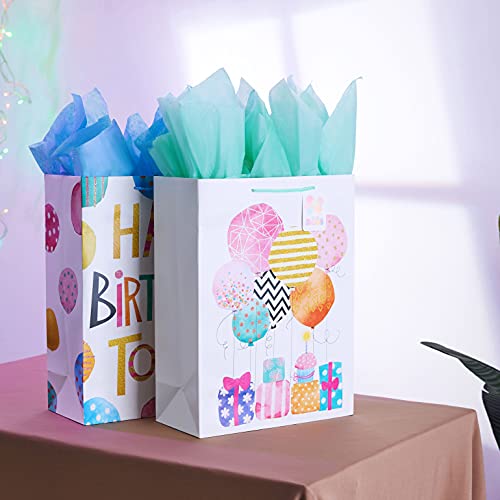 SUNCOLOR 16.5" Extra Large Gift Bags for Birthday Party with Tissue Paper(2 Pack, Balloon)