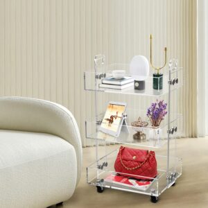 ONELUX 3-Tier Acrylic Utility Rolling Cart, Multifunction Storage Cart On Wheels