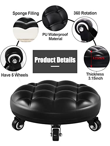 Lanstics Low Roller Seat Wheel Stool Chair PU Leather Rolling Stool Seats on Wheels for Home Office Fitness Round Roller Seat Stool (Black)