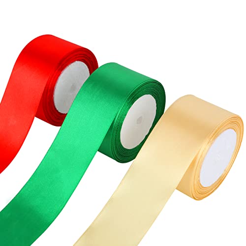 3 Rolls Wide Christmas Satin Ribbon Double Face Polyester Satin Ribbon Wide Solid Satin Ribbon for Christmas Wedding Gift Wrapping Crafts Decoration Favors (Red, Green, Gold, 2 Inch)