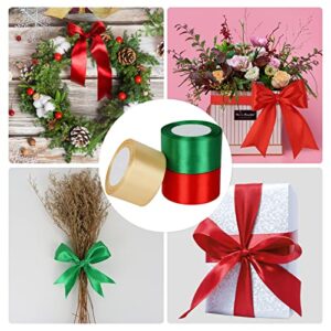 3 Rolls Wide Christmas Satin Ribbon Double Face Polyester Satin Ribbon Wide Solid Satin Ribbon for Christmas Wedding Gift Wrapping Crafts Decoration Favors (Red, Green, Gold, 2 Inch)