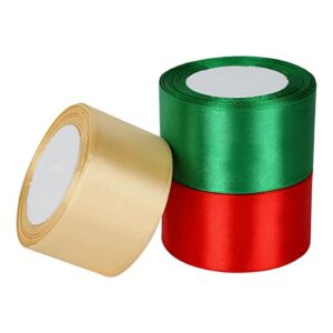 3 Rolls Wide Christmas Satin Ribbon Double Face Polyester Satin Ribbon Wide Solid Satin Ribbon for Christmas Wedding Gift Wrapping Crafts Decoration Favors (Red, Green, Gold, 2 Inch)