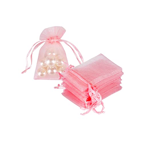 HRX Package 100pcs Tiny Organza Jewelry Bags 2x3 inch, Little Pink Mesh Drawstring Gift Pouches for Candy Sample Party Favors