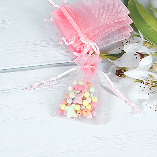 HRX Package 100pcs Tiny Organza Jewelry Bags 2x3 inch, Little Pink Mesh Drawstring Gift Pouches for Candy Sample Party Favors