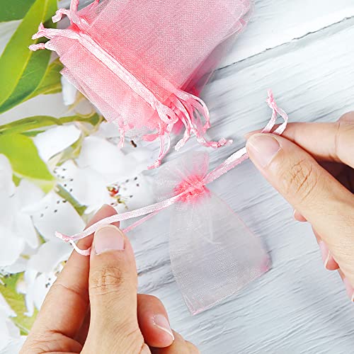 HRX Package 100pcs Tiny Organza Jewelry Bags 2x3 inch, Little Pink Mesh Drawstring Gift Pouches for Candy Sample Party Favors