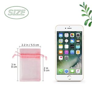 HRX Package 100pcs Tiny Organza Jewelry Bags 2x3 inch, Little Pink Mesh Drawstring Gift Pouches for Candy Sample Party Favors