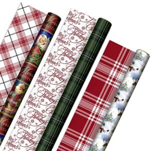 hallmark reversible christmas wrapping paper (3 rolls: 120 sq. ft. ttl) vintage santa, snowmen, traditional green, red and white plaids