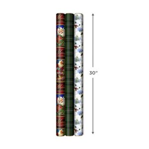 Hallmark Reversible Christmas Wrapping Paper (3 Rolls: 120 sq. ft. ttl) Vintage Santa, Snowmen, Traditional Green, Red and White Plaids