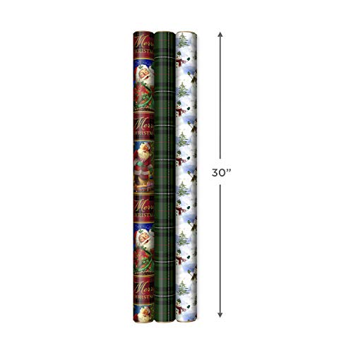 Hallmark Reversible Christmas Wrapping Paper (3 Rolls: 120 sq. ft. ttl) Vintage Santa, Snowmen, Traditional Green, Red and White Plaids