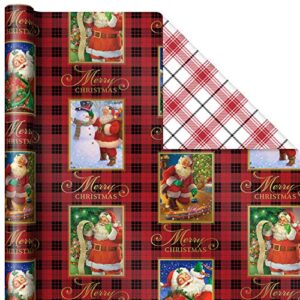 Hallmark Reversible Christmas Wrapping Paper (3 Rolls: 120 sq. ft. ttl) Vintage Santa, Snowmen, Traditional Green, Red and White Plaids