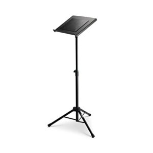 on-stage lpt7000 deluxe laptop stand (portable, folding workstation for laptops, tablets, phones, mobile devices, and controllers, adjustable height and tilt, nonslip platform and feet, metal, black)