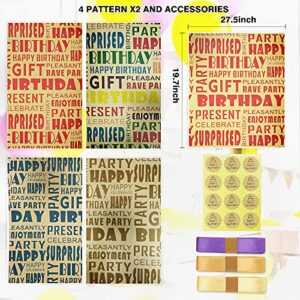 Birthday Wrapping Paper for Men Boys Women Girls Adults Kids,Happy Birthday Wrapping Paper Sheets,Recycled Gift Wrapping Paper Birthday Gift Wrap for Boys Women Girls Men Birthday Paper,Brown Kraft Present Wrapping Paper and Ribbon Bow Set with sticker fo