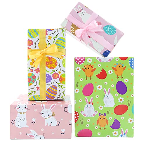 Easter Wrapping Paper,8 Sheets 4 Design Bunny Eggs Chicks Pattern Birthday Gift Wrap,20 x 28inch Cute Wrapping Paper Sheets With Ribbon for Easter Spring Party All Occasion Girls Boys Baby Shower