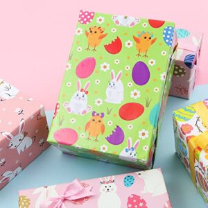 Easter Wrapping Paper,8 Sheets 4 Design Bunny Eggs Chicks Pattern Birthday Gift Wrap,20 x 28inch Cute Wrapping Paper Sheets With Ribbon for Easter Spring Party All Occasion Girls Boys Baby Shower