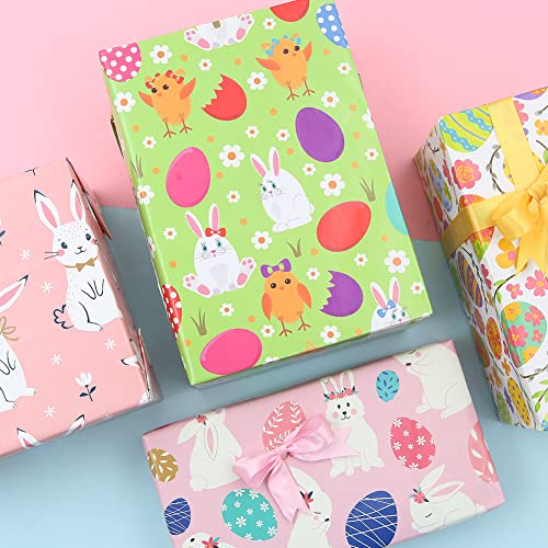 Easter Wrapping Paper,8 Sheets 4 Design Bunny Eggs Chicks Pattern Birthday Gift Wrap,20 x 28inch Cute Wrapping Paper Sheets With Ribbon for Easter Spring Party All Occasion Girls Boys Baby Shower