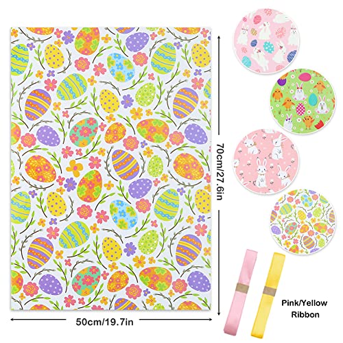 Easter Wrapping Paper,8 Sheets 4 Design Bunny Eggs Chicks Pattern Birthday Gift Wrap,20 x 28inch Cute Wrapping Paper Sheets With Ribbon for Easter Spring Party All Occasion Girls Boys Baby Shower