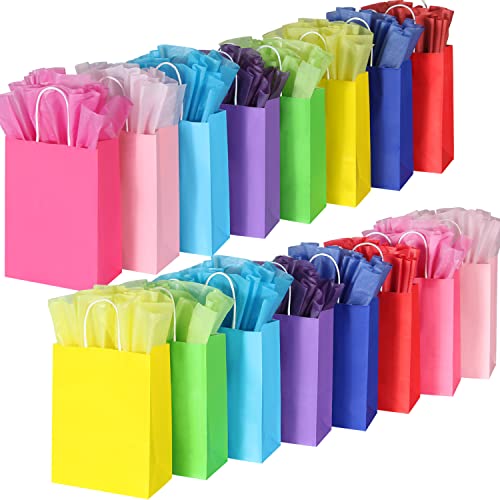 BLEWINDZ 32 Pieces Gift Bags with 32 Tissues，8 Colors Party Favor Bags with Handles, Rainbow Gift Bags for Wedding, Birthday, Party Supplies and Gifts